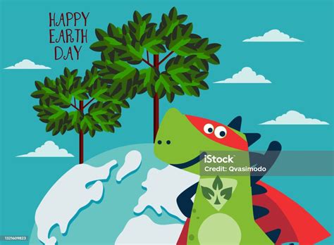 슈퍼 히어로 의상을 입고 재미있는 공룡 슈퍼 디노 바람에 흔들리는 망토와 함께 서 만화 슈퍼 히어로 해피 어스 데이 벡터