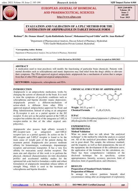 Pdf Evaluation And Validation Of A Uplc Method For The Estimation Of Aripiprazole In Tablet