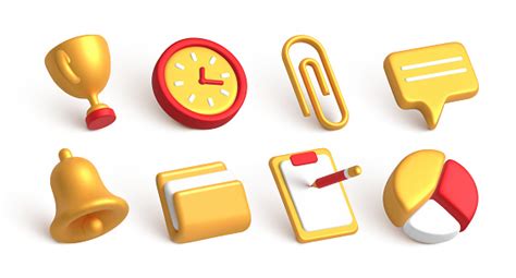 아이소메트릭 아이콘 세트입니다 다른 요소 황금 컵 시계 문구 클립 벨 노트북 메모 및 폴더가있는 응용 프로그램에 대한 3d 디자인 기호 웹 채팅 사무실 버튼 컬렉션입니다