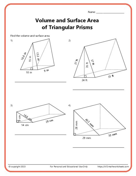 volume and surface area of triangular prisms k12 math worksheets