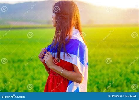 Jewish Girl With Flag Of Israel On Amazing Landscape In Beautiful