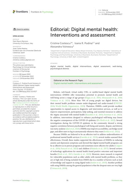Pdf Editorial Digital Mental Health Interventions And Assessment