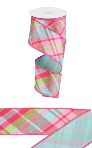 25 Diagonal Plaid Fused Back Ribbon Lt Pinkgreenhot Pinkrobin Egg