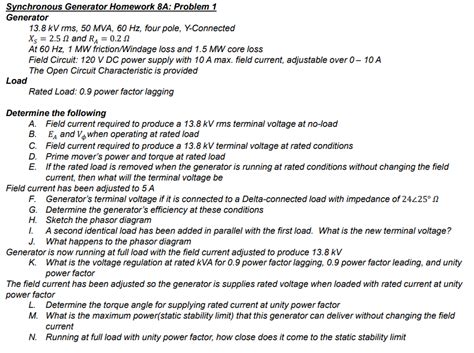 Solved Synchronous Generator Homework 8a Problem 1