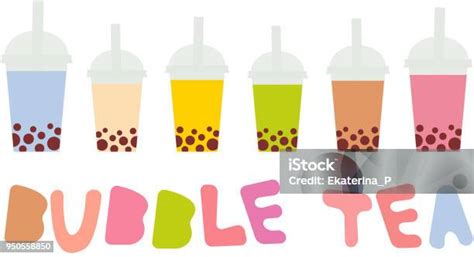 다른 과일과 열매와 버블 티입니다 플라스틱 컵 칵테일 우유 관 버블 티 칵테일의 다른 종류입니다 파스텔 색상 흰색 배경에 고립입니다 벡터 버블티에 대한 스톡 벡터 아트 및