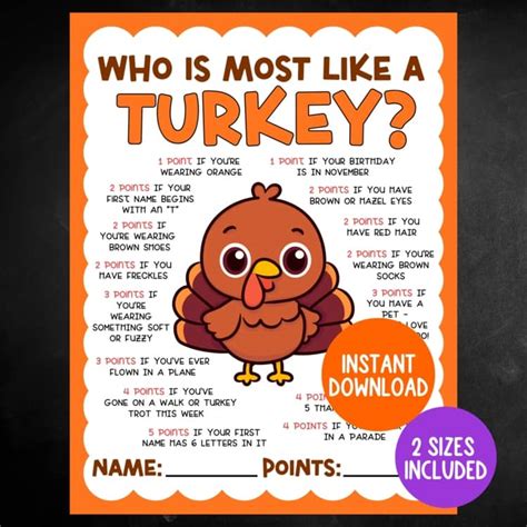 Classroom Thanksgiving Game Printable Who Is Most Like A Turkey Game