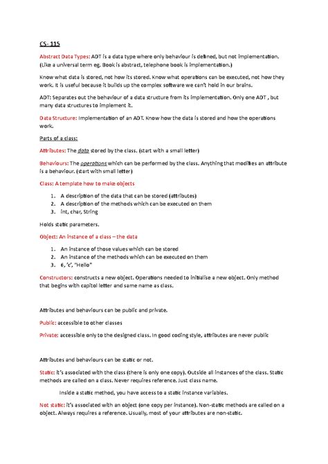 Cs 115 Notes Exam Programming 2 Cs 115 Abstract Data Types Adt Is A Data Type Where Only