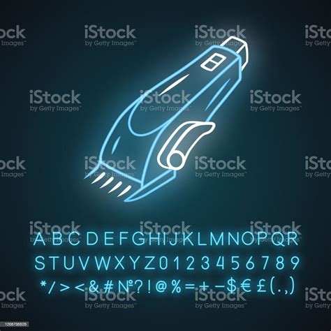 면도 기계 네온 빛 아이콘입니다 이발 절차 이발사 미용 장치 남성과 여성의 헤어 스타일 도구입니다 알파벳 숫자 및 기호와 빛나는 기호 벡터 절연 그림 0명에 대한 스톡 벡터