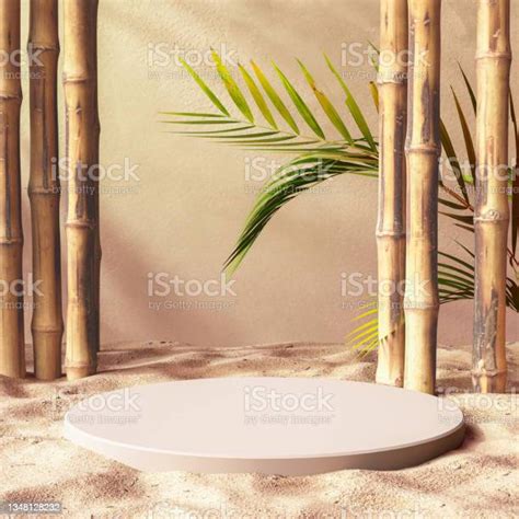 대나무 열대 잎 제품 프리젠 테이션을위한 모래 연단 장식과 여름 장면 3d 렌더링 강단에 대한 스톡 사진 및 기타 이미지 강단 건설 플랫폼 광학 작용 Istock