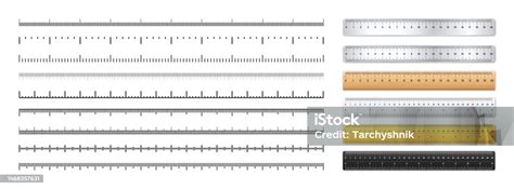 현실적인 금속 및 플라스틱 통치자 측정 척도는 나눗셈으로 표시됩니다 길이 또는 높이를 센티미터 인치 단위로 측정하기위한 스케일 눈금자 줄자 표시 크기 표시기 벡터 그림
