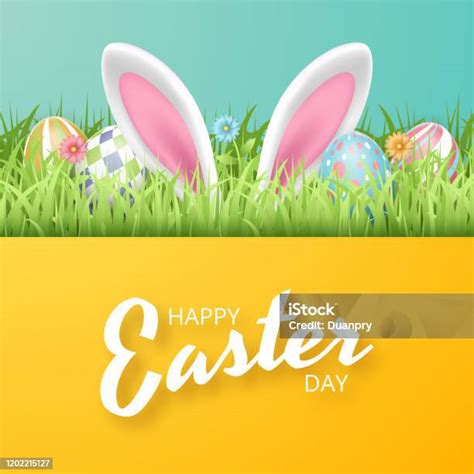 현실적인 그린 계란 잔디 꽃과 토끼 귀와 행복 한 부활절 배경 토끼에 대한 스톡 벡터 아트 및 기타 이미지 토끼 3차원 형태 개념 Istock