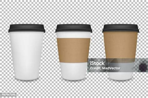 벡터 현실적인 3 차원 종이 커피 컵 아이콘 투명도 격자 배경에서 근접 촬영을 설정합니다 그래픽 디자인 서식 파일 이랑 전면 보기 커피숍에 대한 스톡 벡터 아트 및 기타