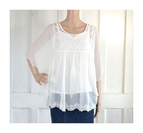 Vintage Angel Sleeve Blouse Sheer White Embroidered Blouse Romantic