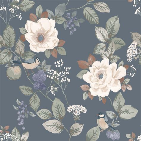 Birds And Berries Dusty Blue Wall Candy Wallpaper