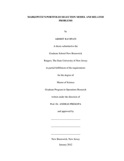 Markowitzs Portfolio Selection Model And Related Lecture Notes