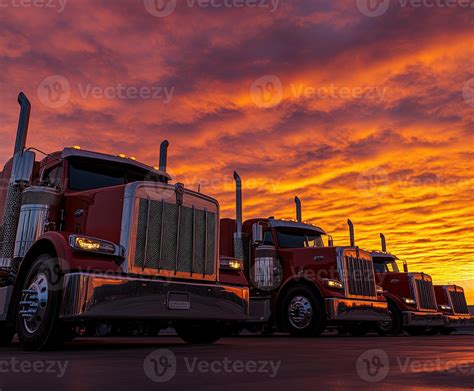 Trucks Lined Up Against A Stunning Sunset Sky With Vibrant Colors