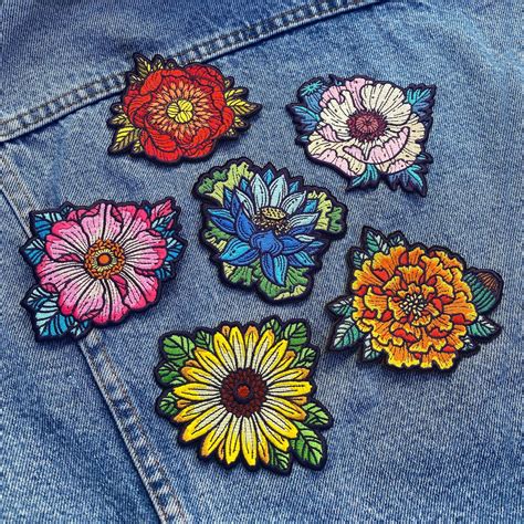 Flower Embroidered Iron On Patches Peony Poppy Marigold Lotus