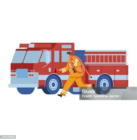 소방차 빨간 트럭 비상 차량 구조 사다리 자동차 흰색 디자인 만화 스타일의 벡터 일러스트레이션에 고립 소방관에 대한 스톡 벡터 아트 및 기타 이미지 Istock
