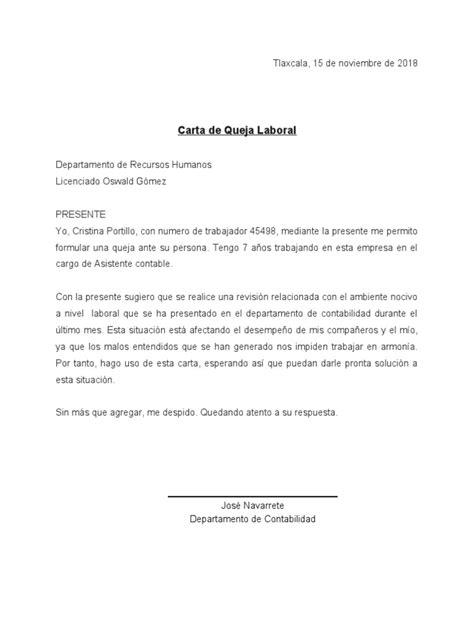Modelo Carta De Queja Laboral Pdf