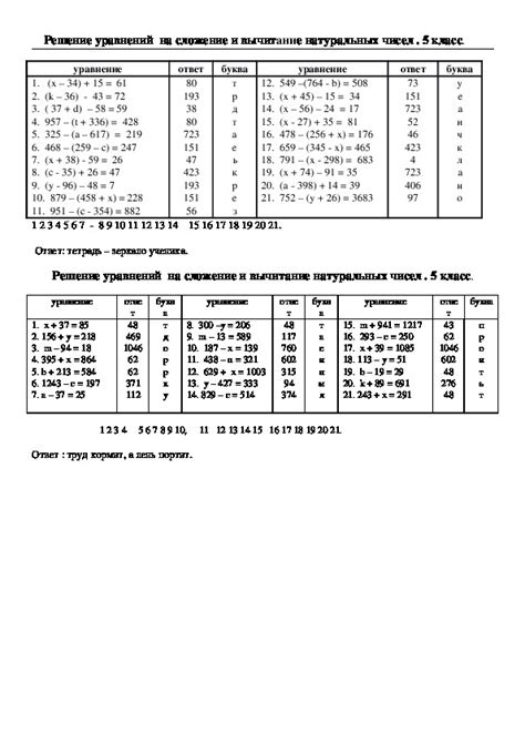 Дидактический материал на тему решение уравнений на сложение и вычитание 5 класс математика