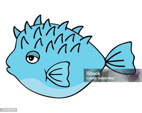물고기 공 푸른 물고기 컬러 벡터 그림입니다 지느러미와 꼬리가 있는 가시물고기 가시가 있는 바다 거주자 바다 퍼퍼 만화 스타일 가시에 대한 스톡 벡터 아트 및 기타 이미지