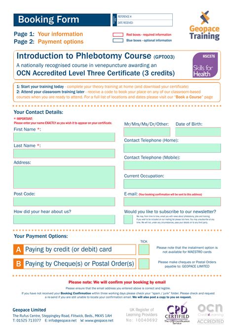 Phlebotomy Course Booking Form