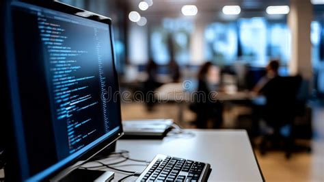 Software Development Office With Closeup Of Code On Computer Screen Stock Illustration