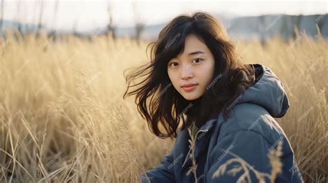 Premium Photo Portrait Of Asian Woman Sitting Sideways On The Grass