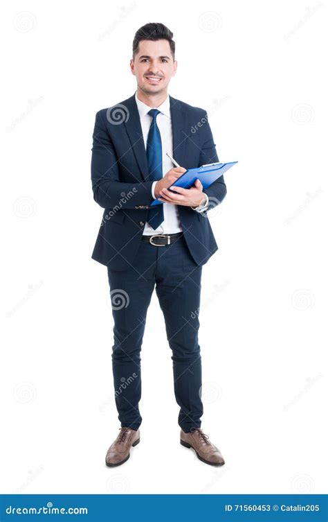 Cuerpo Completo Del Hombre De Negocios Sonriente Que Sostiene El ...