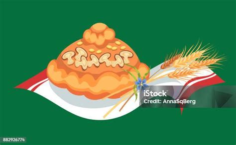 갓 구운된 빵 수건 추수 감사절 추수 벡터 일러스트 레이 션의 상징으로 밀의 Spikelets와 인사말 카드에 대 한 과자에 속 인 다 거친 필름 효과에 대한 스톡 벡터