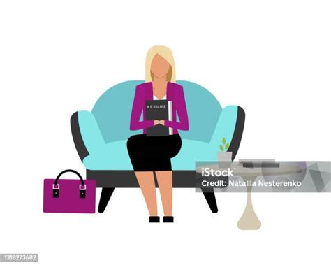 면접 플랫 컬러 벡터 얼굴없는 캐릭터에 대한 소녀를 기다리는 회전 2차 도형에 대한 스톡 벡터 아트 및 기타 이미지 2차 도형 가공의 인물 객실 있음 Istock