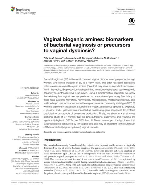 Pdf Vaginal Biogenic Amines Biomarkers Of Bacterial Vaginosis Or Precursors To Vaginal Dysbiosis