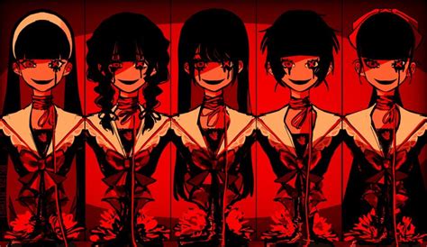 Kiza Minegi Commentary Highres 5girls Bow Bowtie Braid Column Lineup Hair Bow Hairband