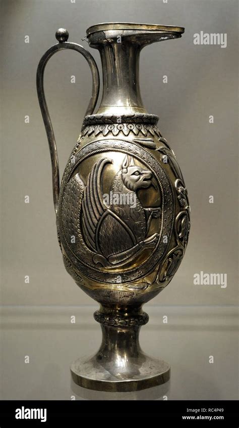 Sasanian Art Ewer Showing A Simurgh Silver Chasing Gilding Iran