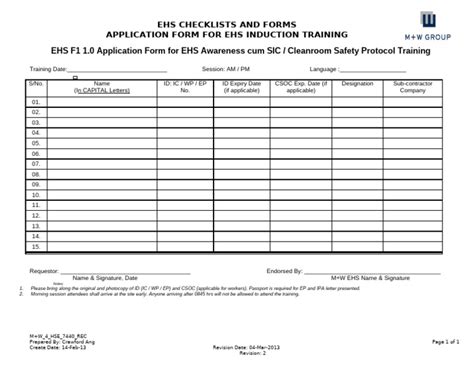 Ehs Induction Training Application Form Pdf