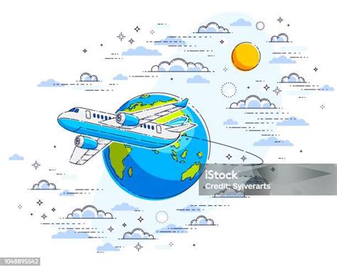 구름에 둘러싸인 하늘에서 지구 행성 비행기 정기 여객기 항공사 항공 여행 그림 아름 다운 얇은 라인 벡터 흰색 배경에 고립입니다 3차원 형태에 대한 스톡 벡터 아트 및 기타