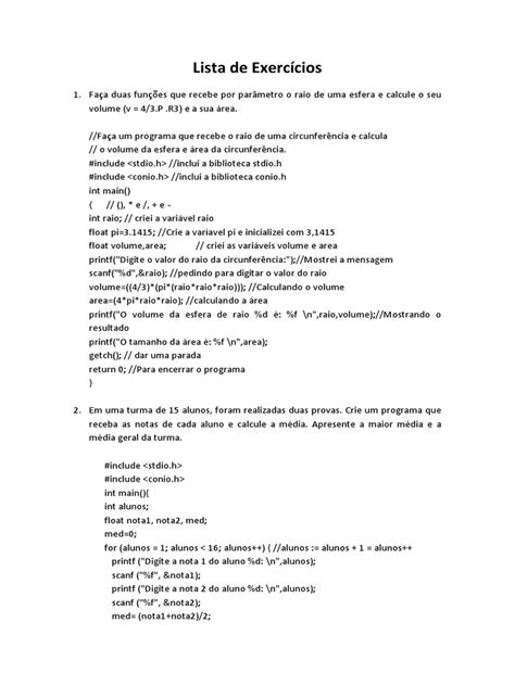 lista de exercícios de programação corrigida pdf matemática