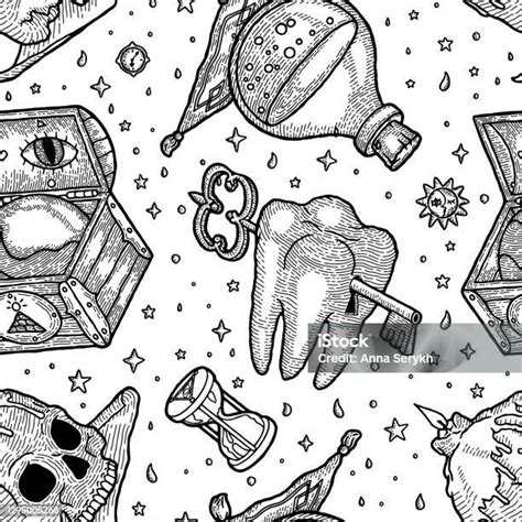 마법사 요소의 마법의 신비한 원활한 패턴 패브릭 엽서 텍스처 및 배경을 위한 조각 스타일로 흑백 세트 독이나 물약 병 인간의 두개골 치아 열쇠 나무 가슴 목재 재료에 대한