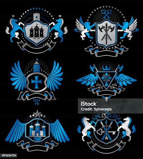 명품 전 령 벡터 템플릿 집합입니다 벡터 기호 Blazons 그래픽 요소 로얄 크라운 중세 성곽 병기 및 종교 십자가 사용 하 여 만든 컬렉션입니다 검에 대한 스톡 벡터