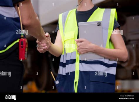 Closeup Hands Caucasian Engineer Man And Woman Meeting And Checking Electric Train For Planning