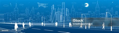 고속도로 교차 하는 사람들 도시 인프라 파노라마 배경 산업 건축에 현대 도시 화이트 라인 일러스트 벡터 디자인 아트 거리에 대한 스톡 벡터 아트 및 기타 이미지 Istock