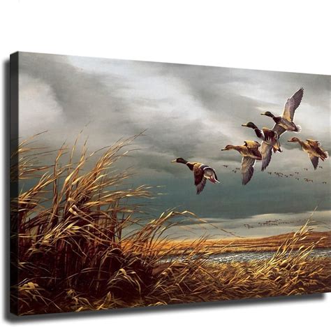 Hunting Flying Wild Ducks Poster Painting Canvas Wall Art