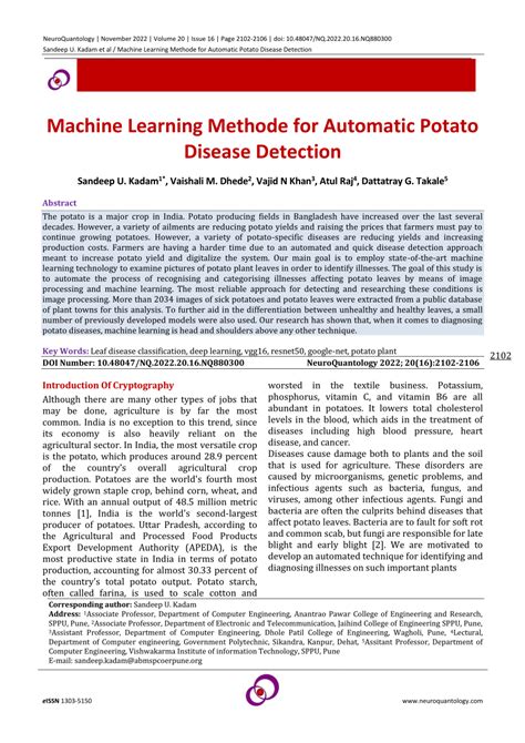 Pdf Sandeep U Kadam Et Al Machine Learning Methode For Automatic Potato Disease Detection