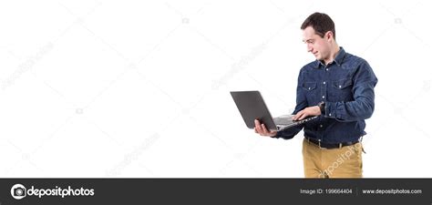 Young Programmer Holding Laptop Hands Isolated White Background Copy