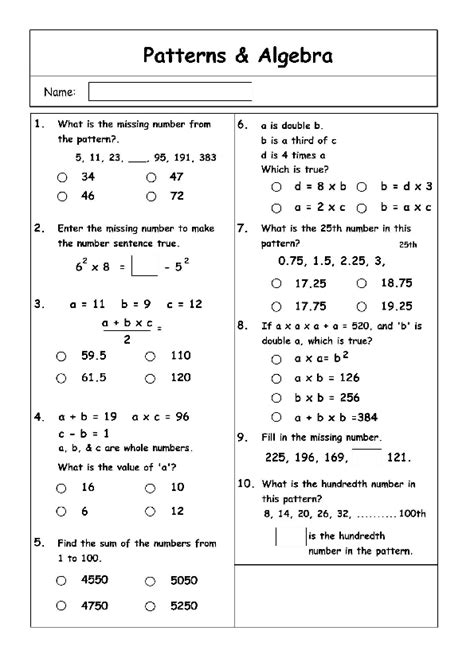 Algebra Patterns Worksheet Pdf Practice Sheets For Recognizing And