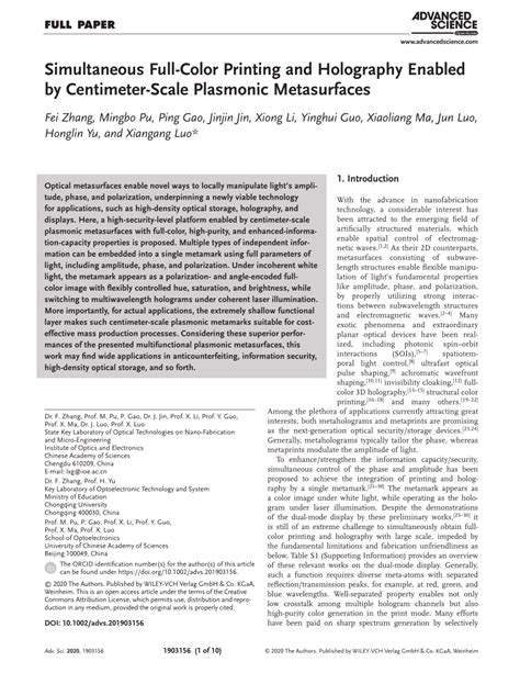 Pdf Simultaneous Full‐color Printing And Holography Enabled By Centimeter‐scale Plasmonic
