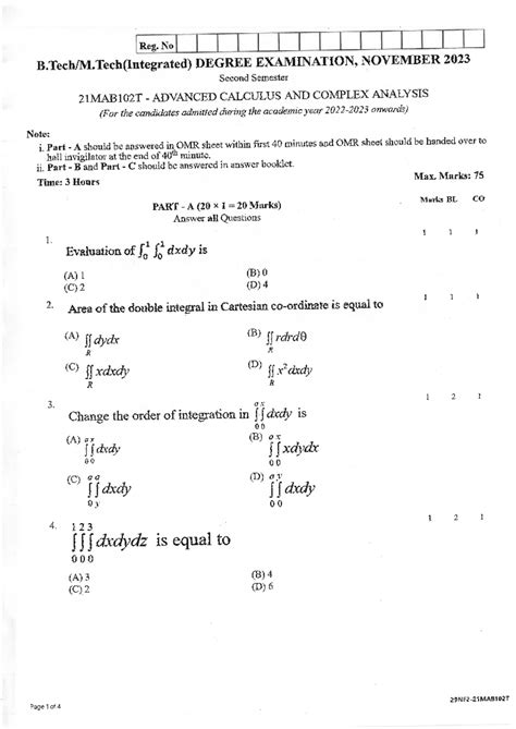 6 21mab102t Nov 23 Previous Year Question Paper Advanced Calculus And Complex Analysis