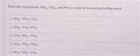 Solved Rank the compounds NH3, CH4, and PH3 in order of | Chegg.com