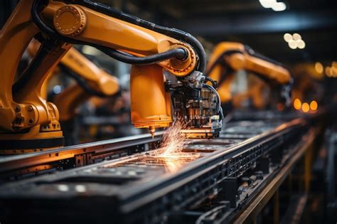 Premium Ai Image Robotic Arm For Electronic Assembly Line Smart Modern Factory Automation