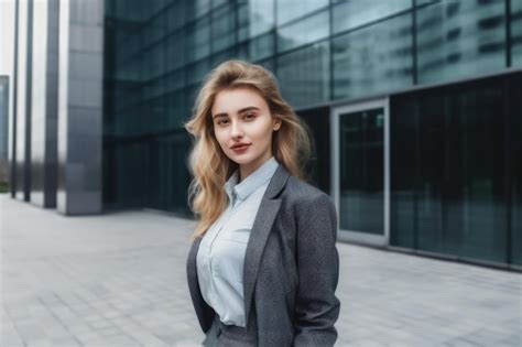 Premium Photo Young Shy Blonde Girl In Business Attire Standing In